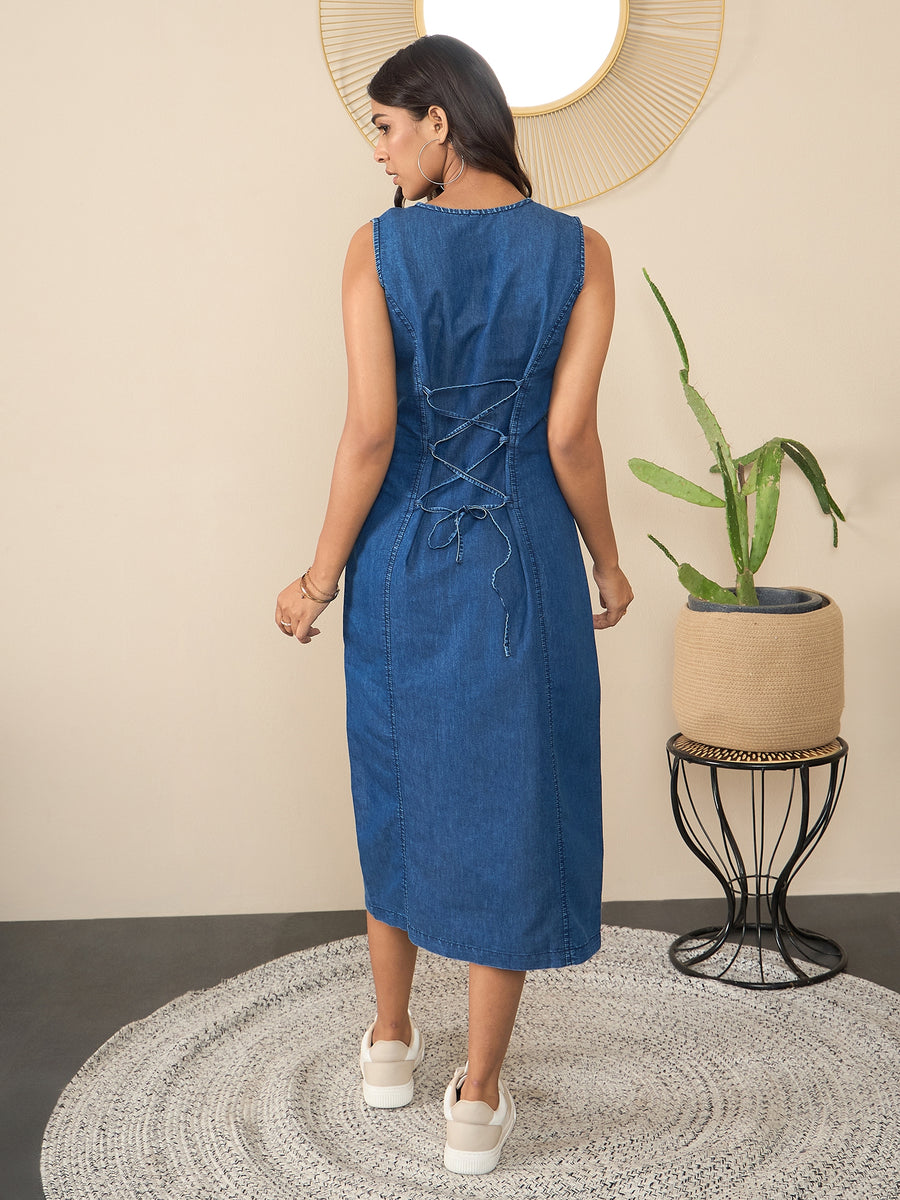 StyleStone Women's Denim Dress with Side Button and Slit – Stylestone