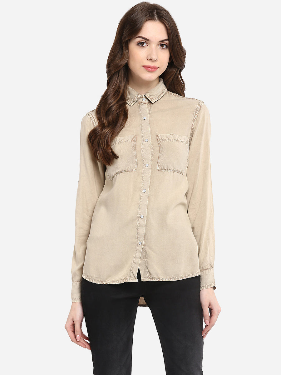 Women's Beige Rayon Acid Wash Shirt – Stylestone