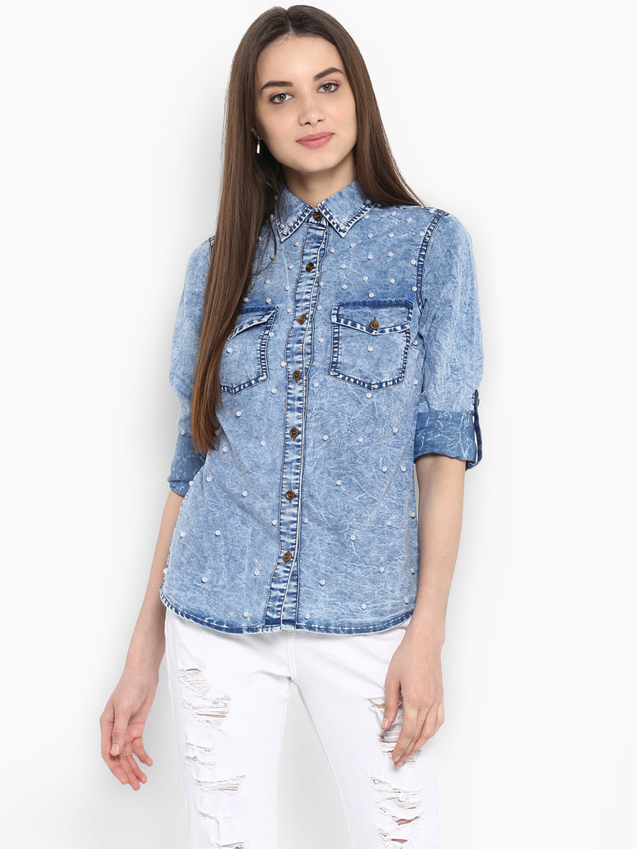 Women's Denim Shirt with Pearl Embellishments – Stylestone