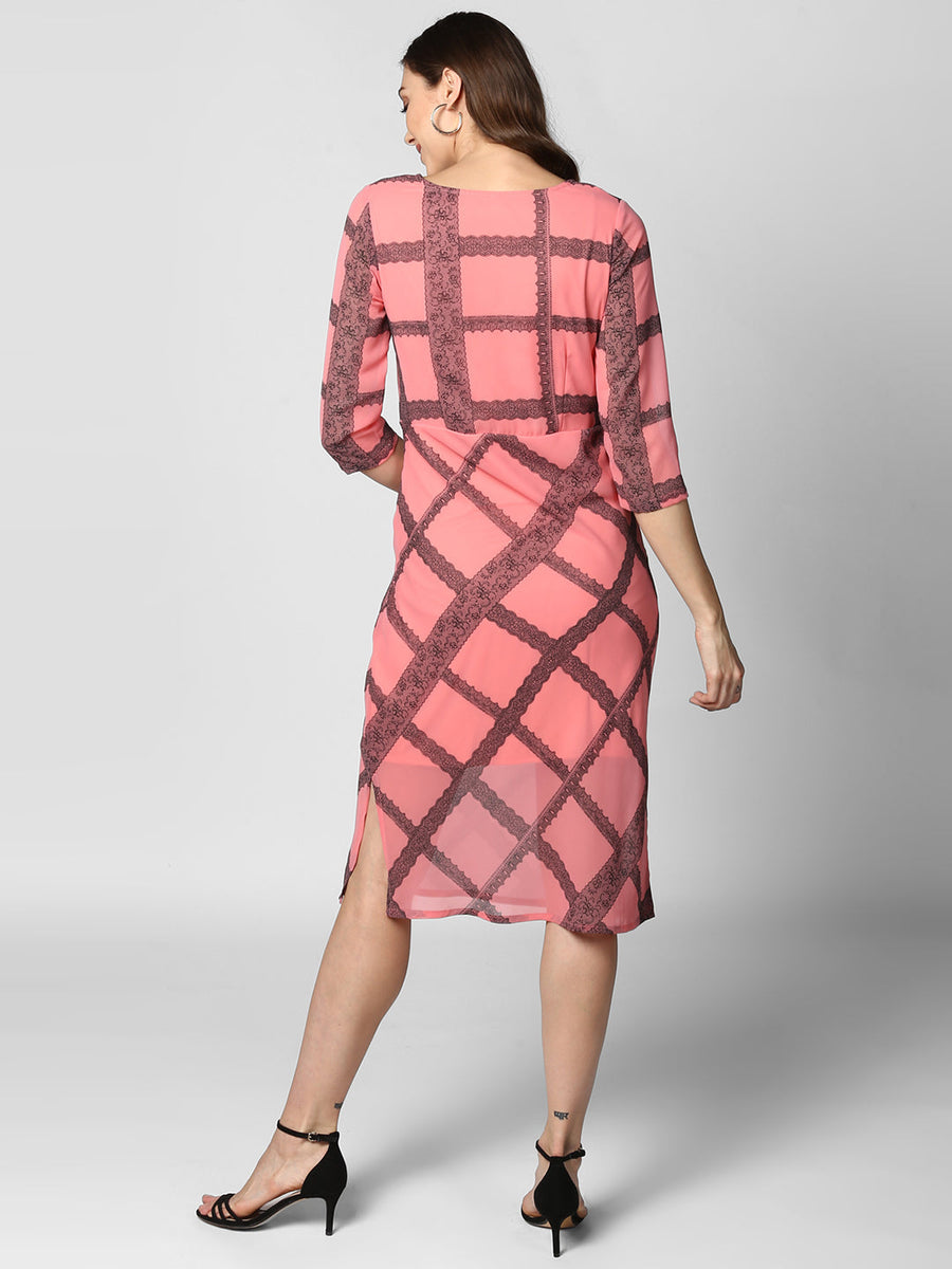Women's Pink Check Waist Tie Up Polyester Dress with Lining – Stylestone
