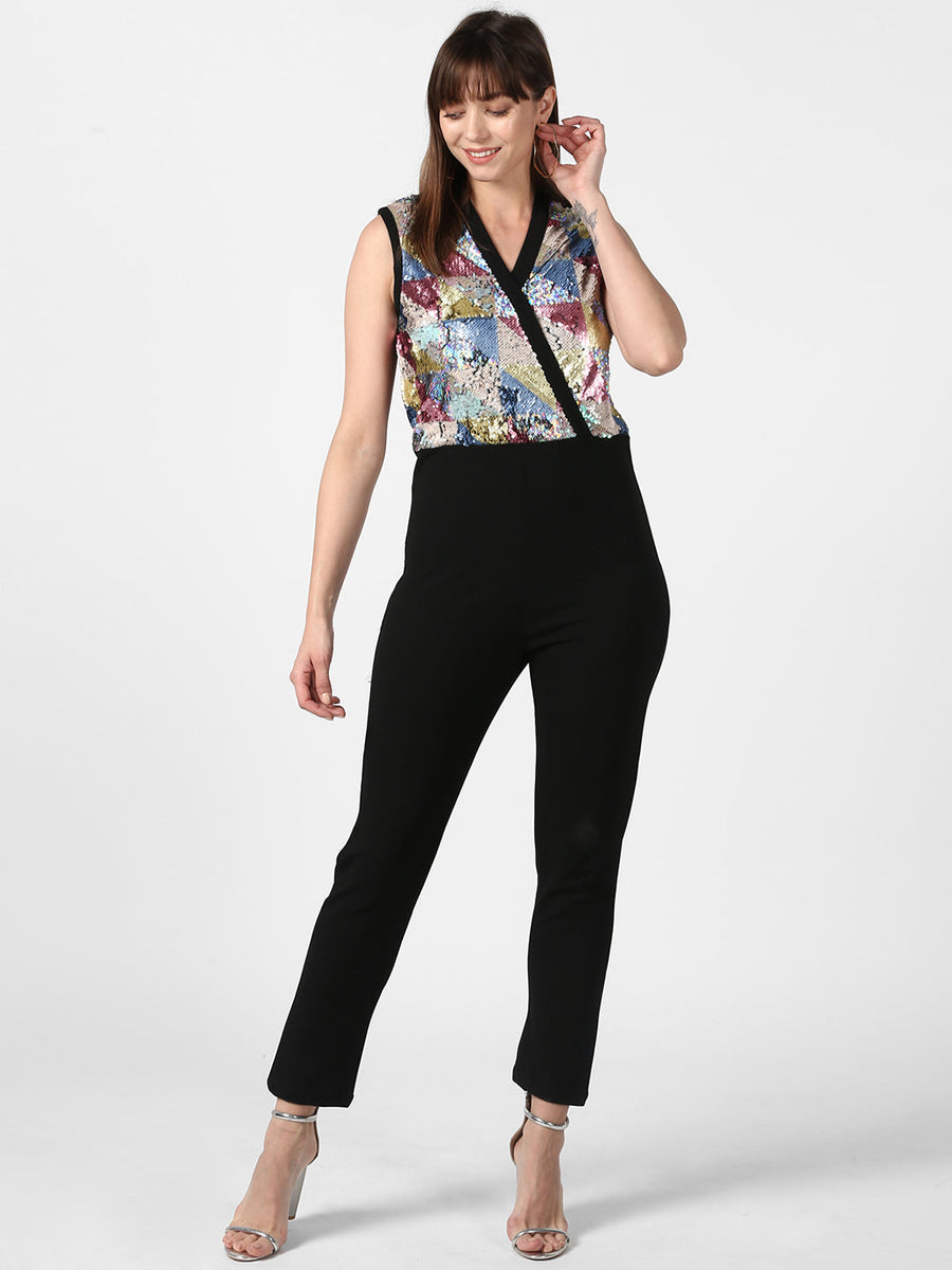 Women's Black and Multi-coloured Sequin Jumpsuit – Stylestone