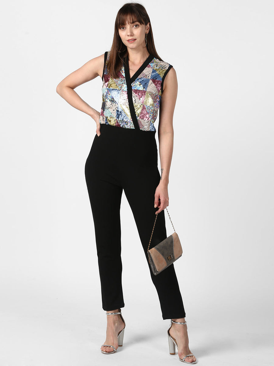 Women's Black and Multi-coloured Sequin Jumpsuit – Stylestone