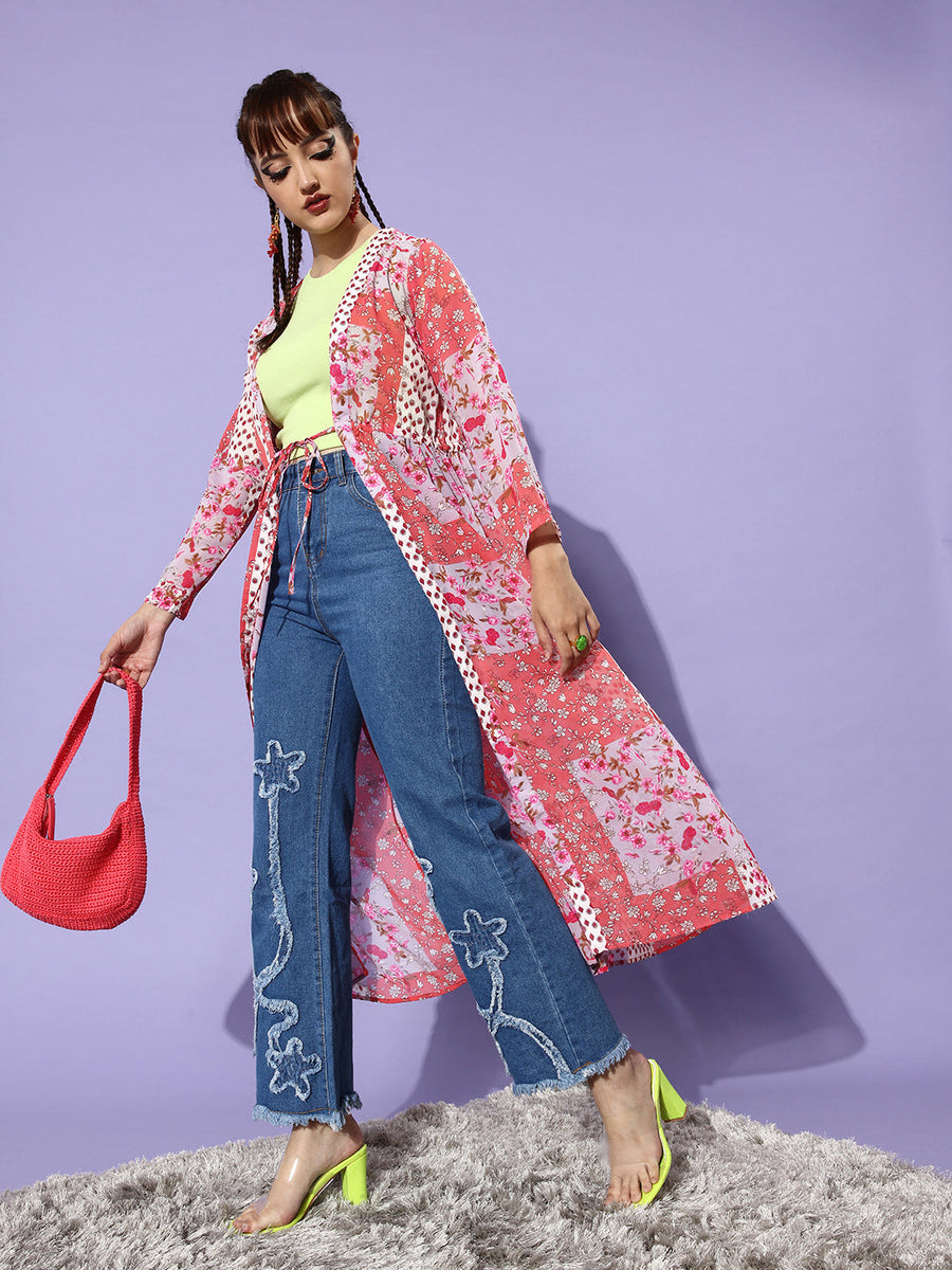 StyleStone Women's Tile Print Pink & Coral Polyester Long Shrug ...