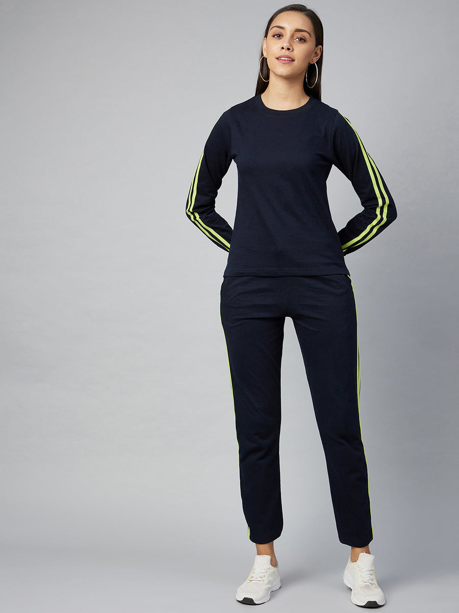 Women's Cotton Navy Blue Track Suit Set with Lime Green Stripe – Stylestone