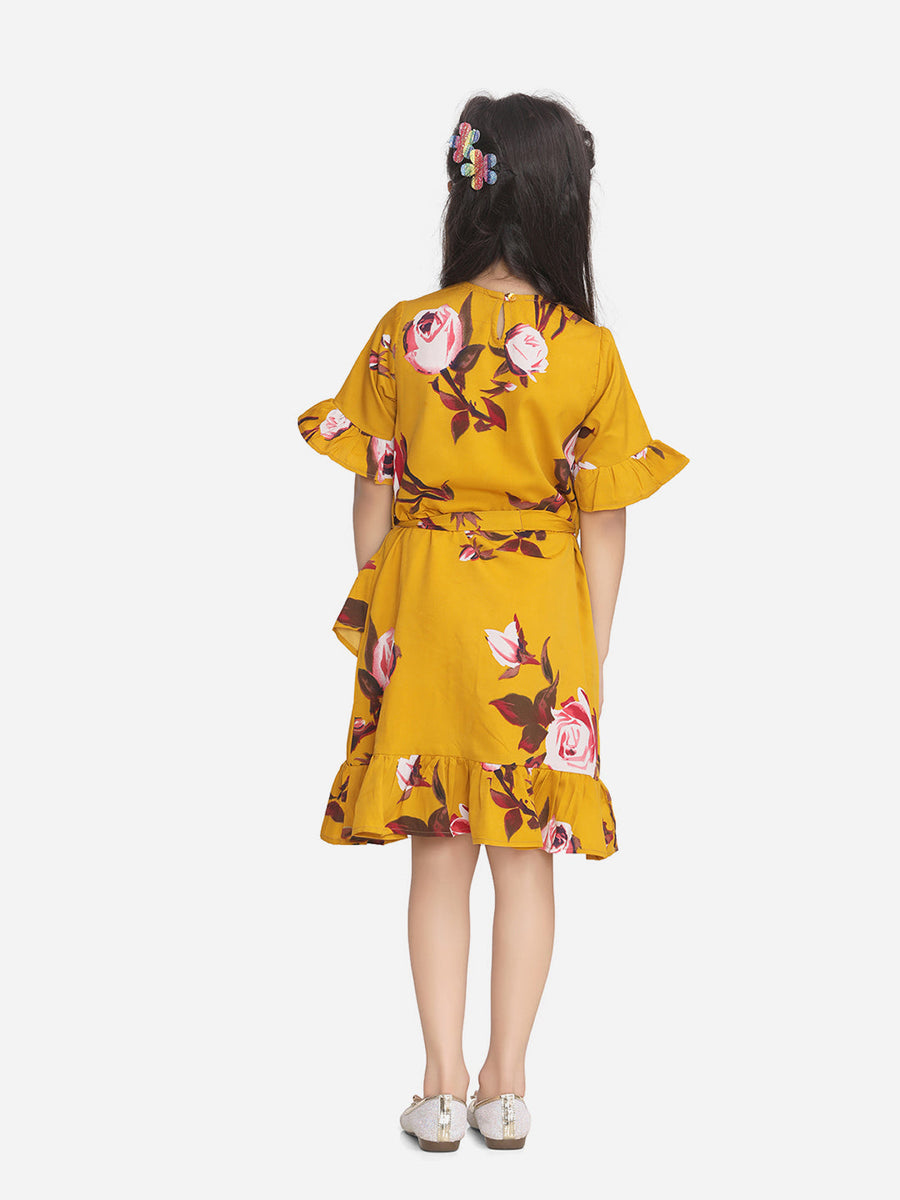 Girls Mustard FloralPrint Dress with Ruffle – Stylestone