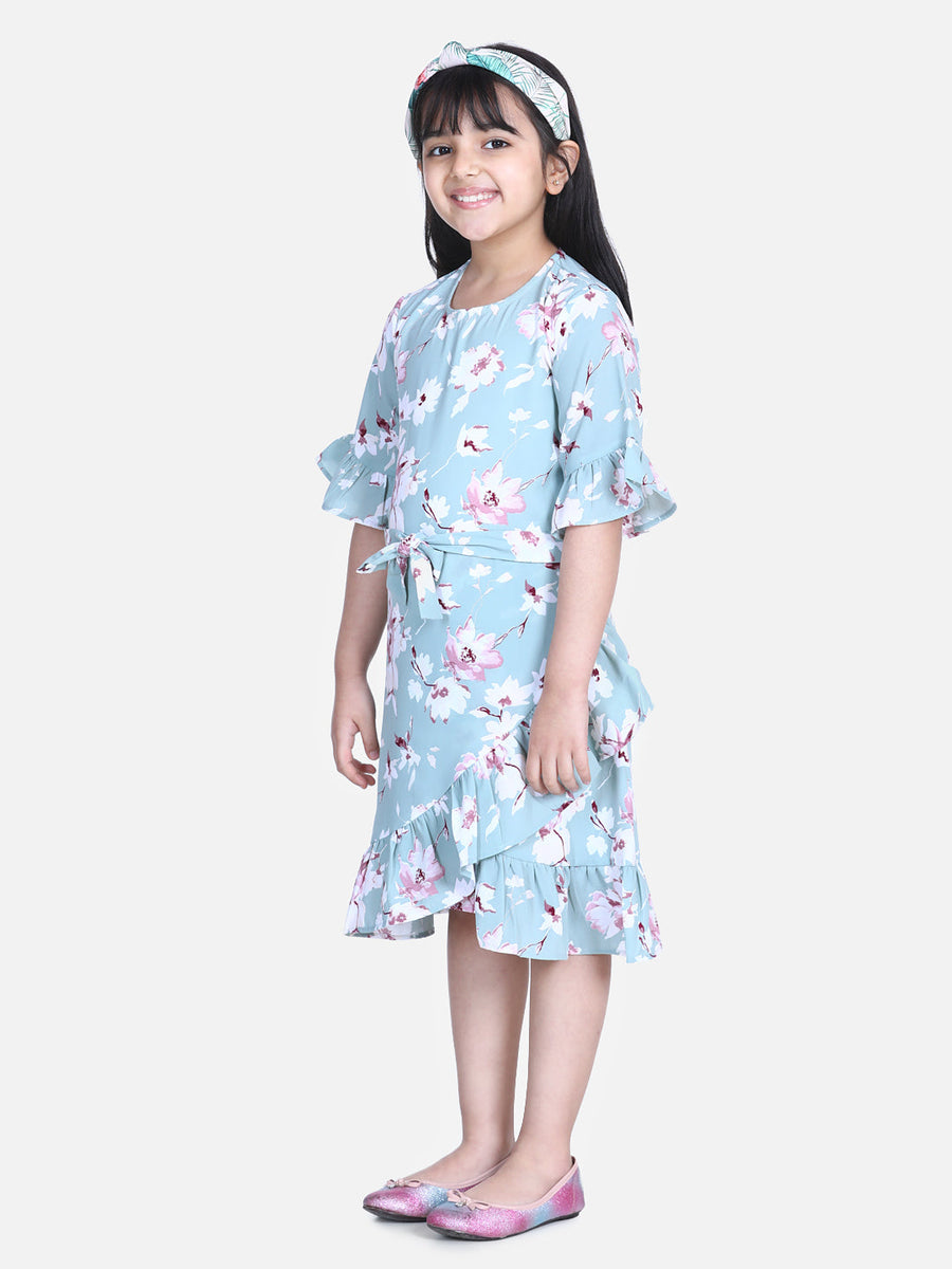 Girls Sky Blue Floral Print Bell Sleeve Dress – Stylestone