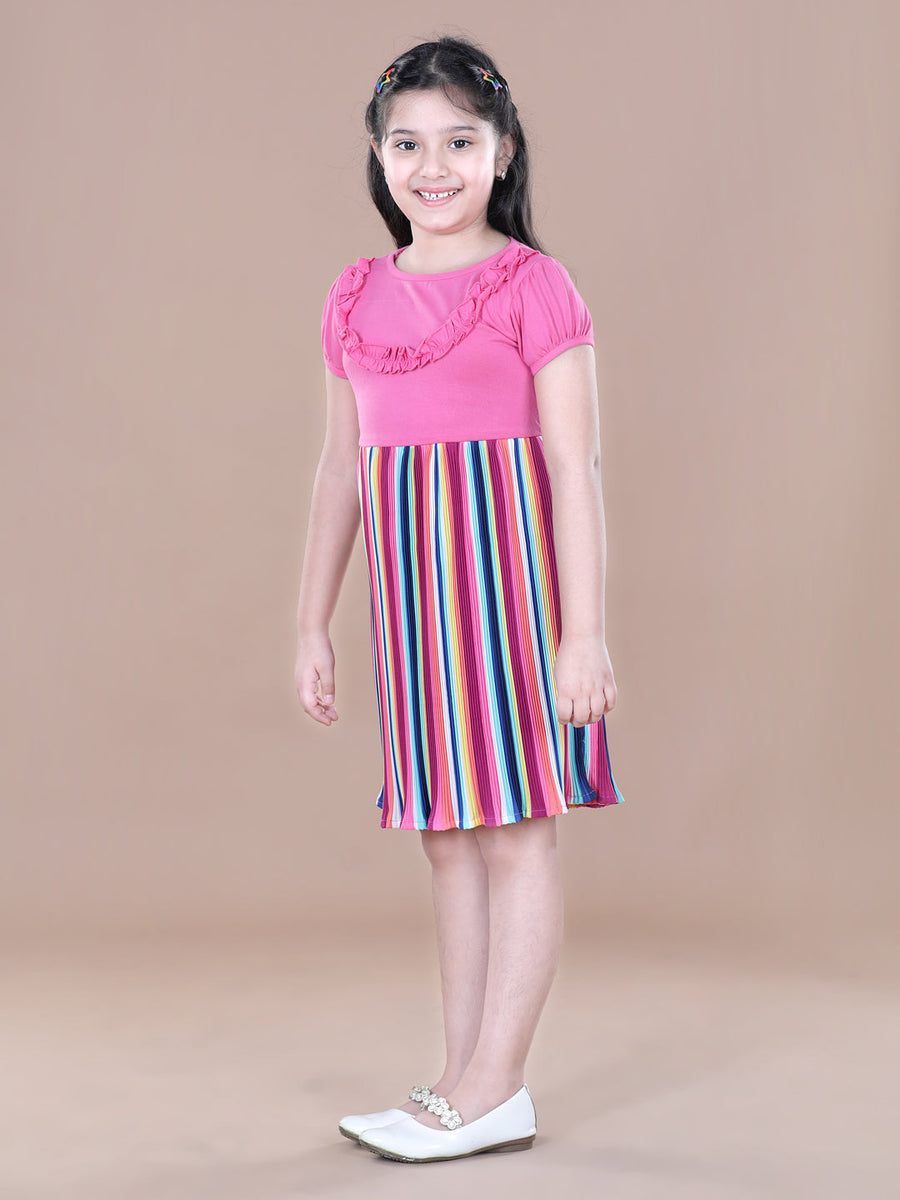 Girls Pink and Multi Coloured Stripe Pleated Dress – Stylestone